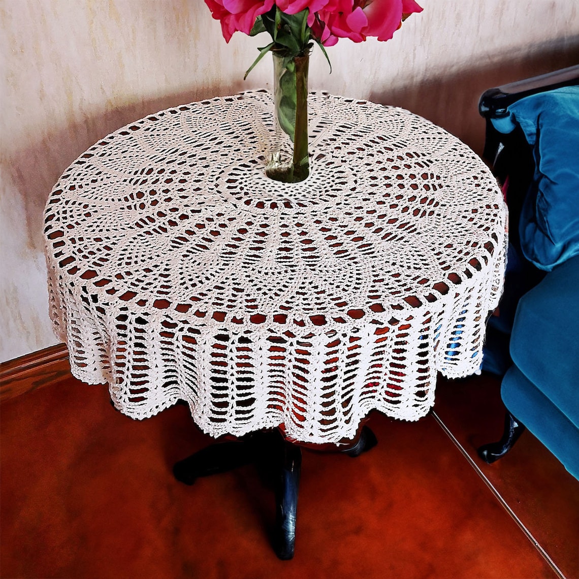 Handmade Round Crochet Cotton Tablecloth, Farmhouse Lace Tablecloths ...