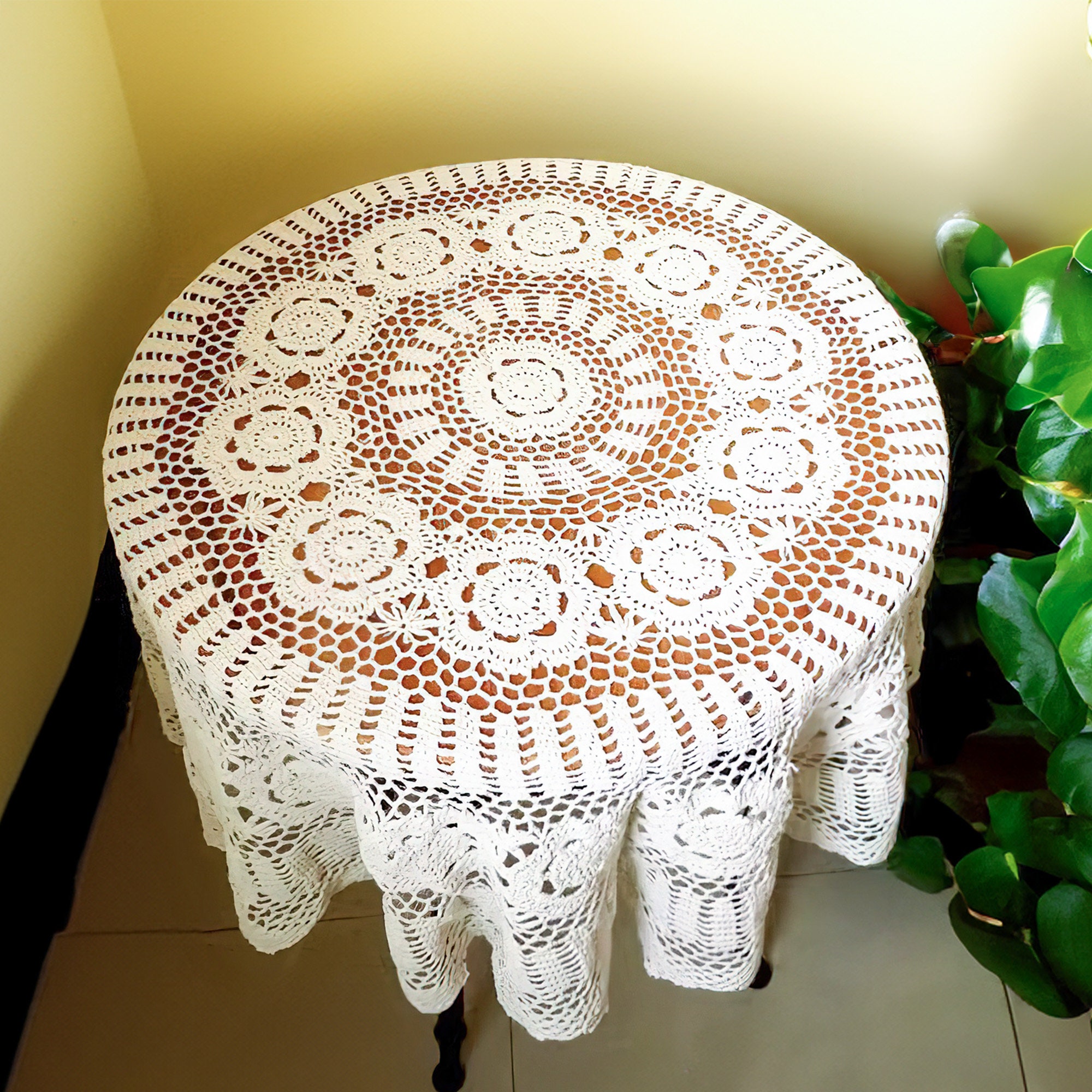 Beige Crochet Tablecloth, Farmhouse Style Round Knitted Hollow Lace Table Cover - Etsy