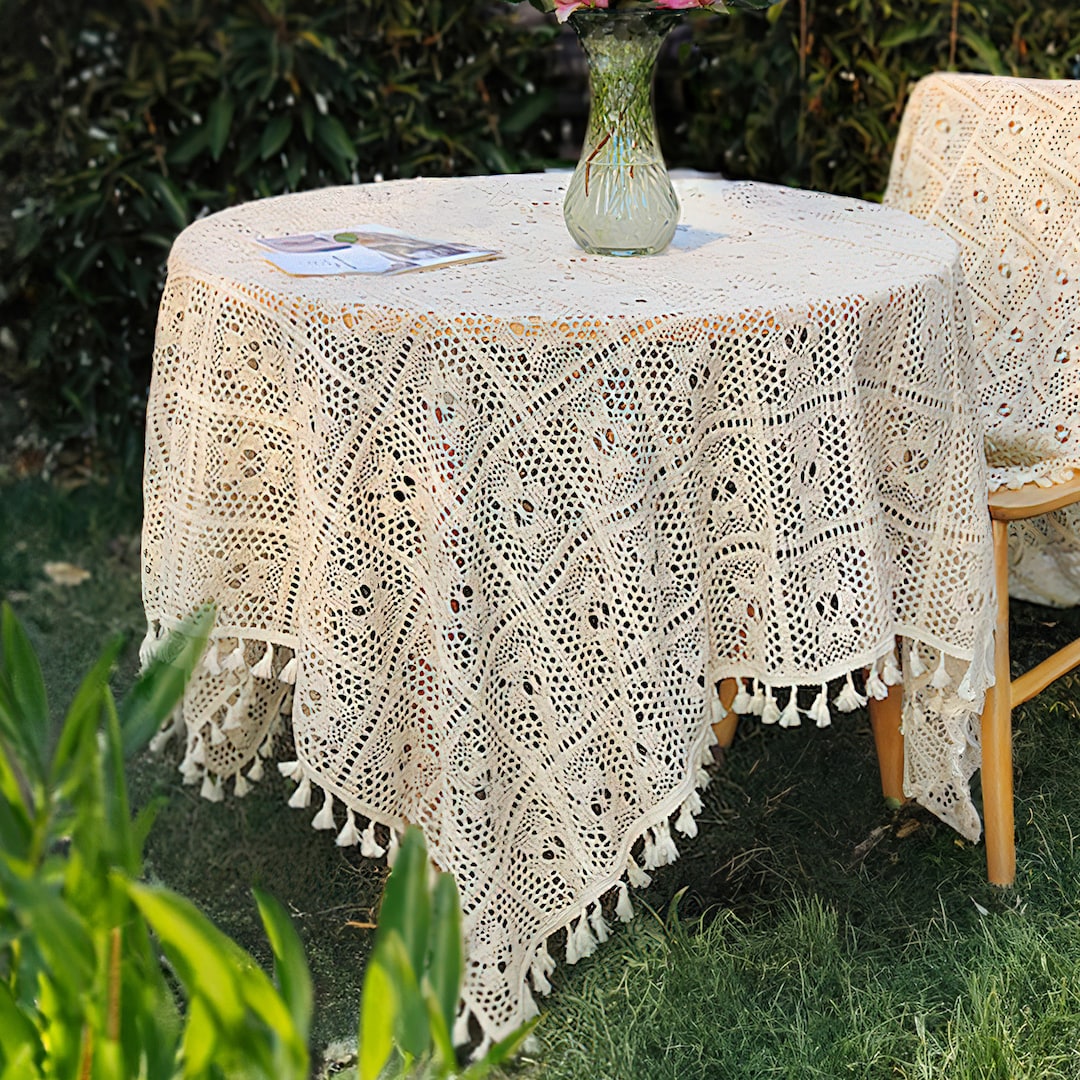 Beige Rectangular Crochet Tablecloth, Country Style Floral Pattern ...
