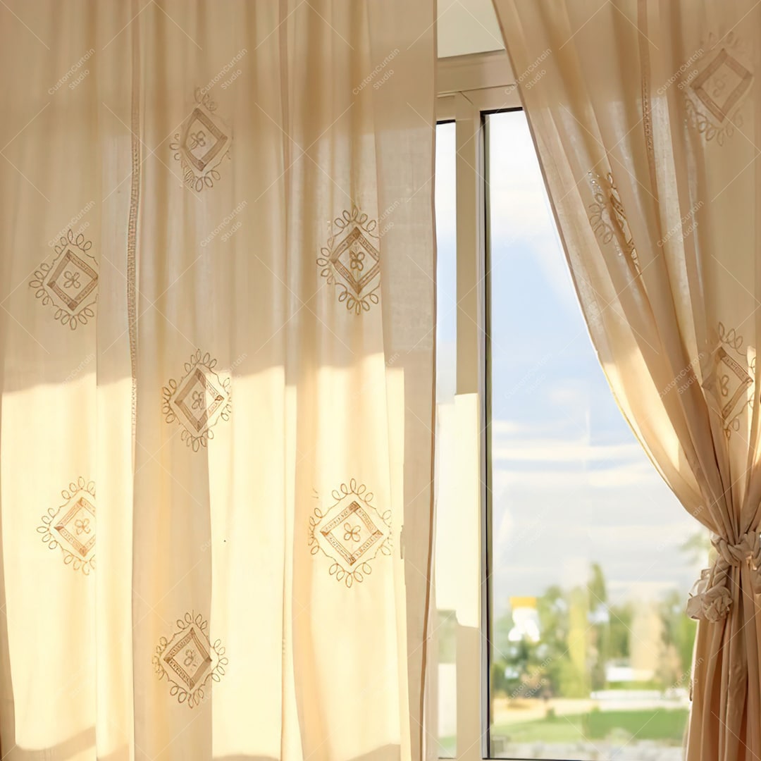Beige Embroidered Curtain, Rustic Crochet Patchwork Window Drapes for ...