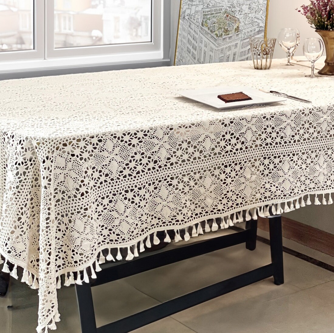 Beige Crochet Tablecloth ,rectangle Hollow Lace Table Cover With ...