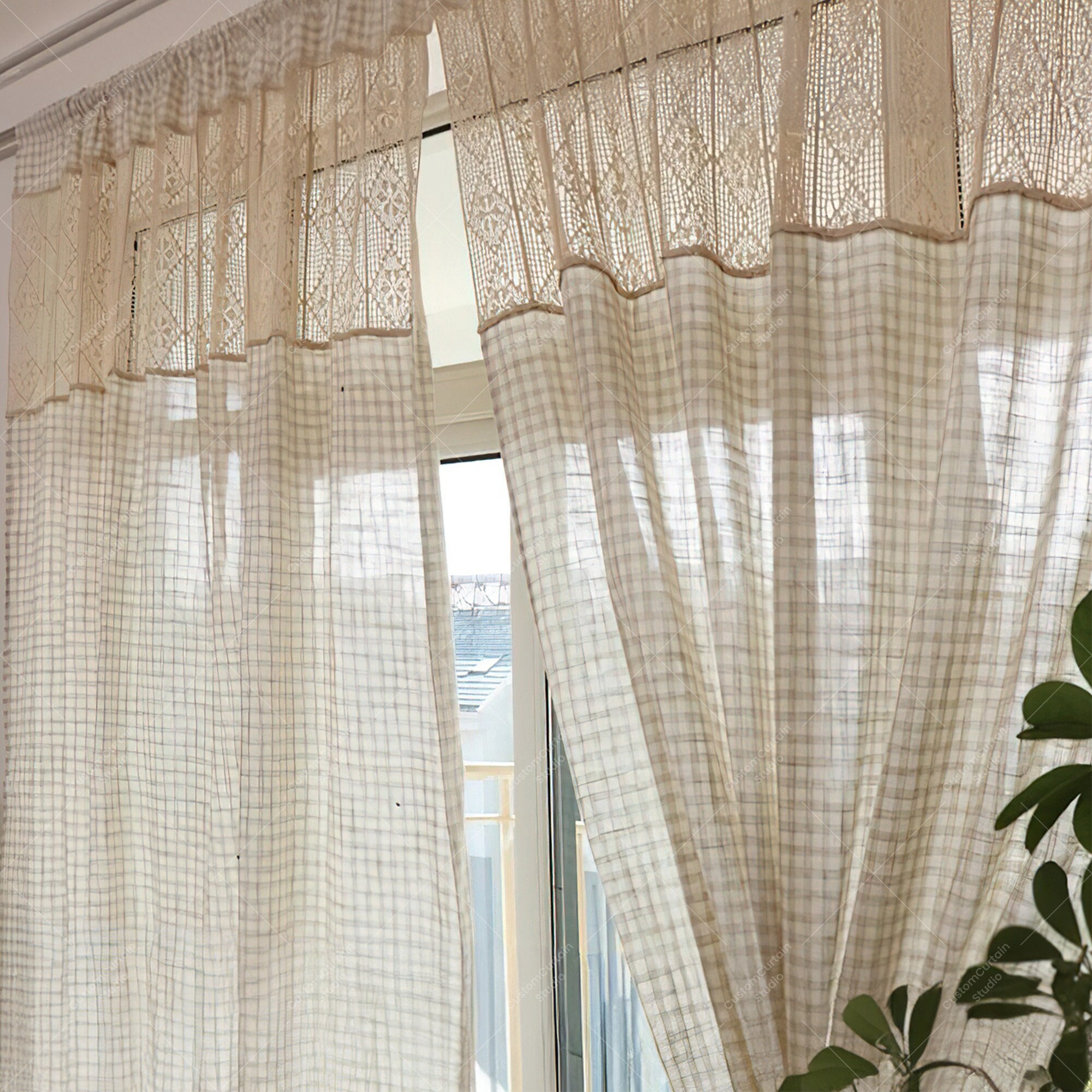 Check Patchwork Sheer Curtain,farmhouse Light Filtering Crochet Drapes ...