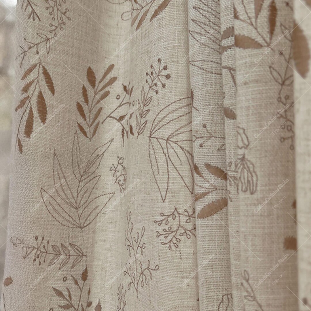 Linen Embroidered Curtain, Famhouse Leaf Light-filtering Drapes for ...