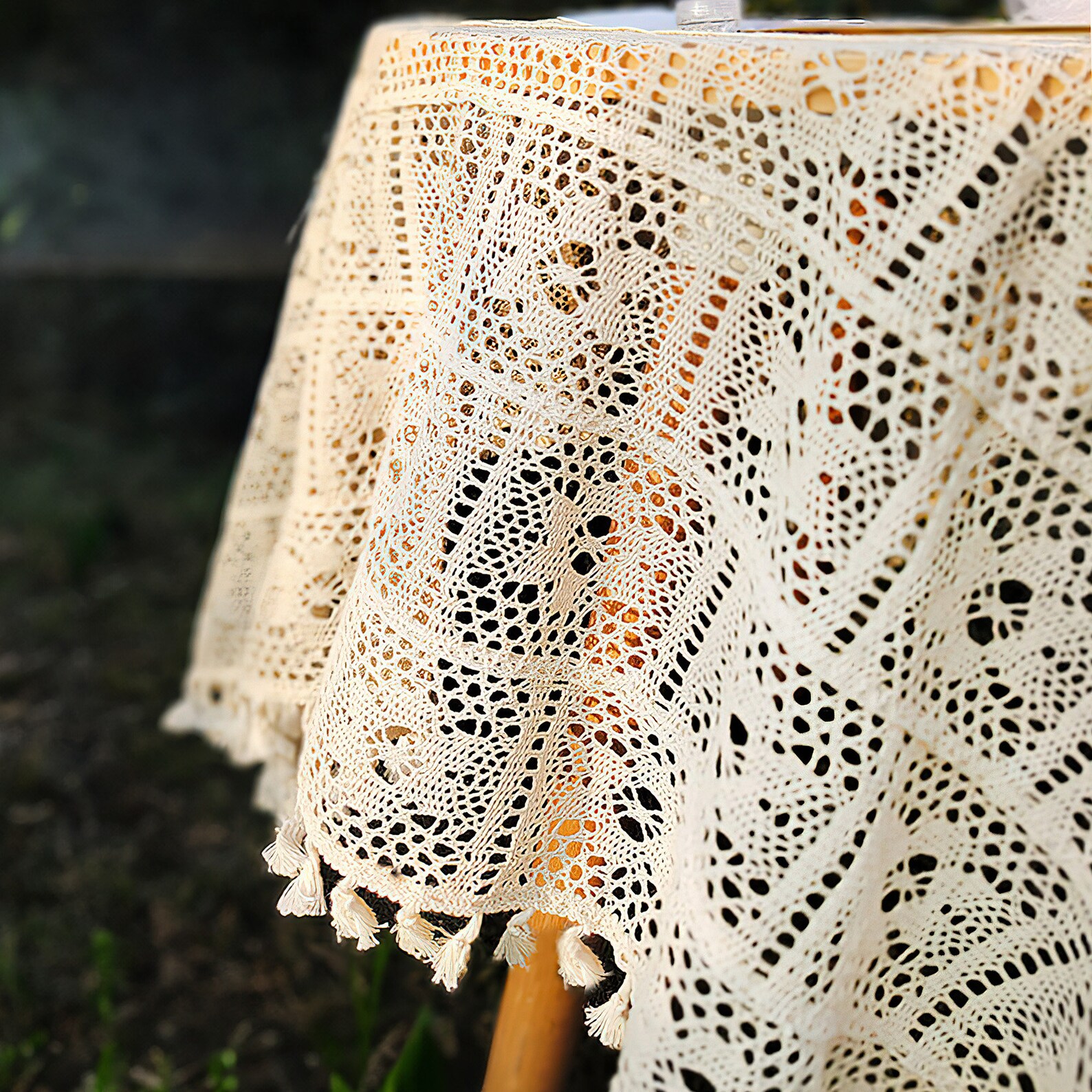 Beige Rectangular Crochet Tablecloth, Country Style Floral Pattern ...