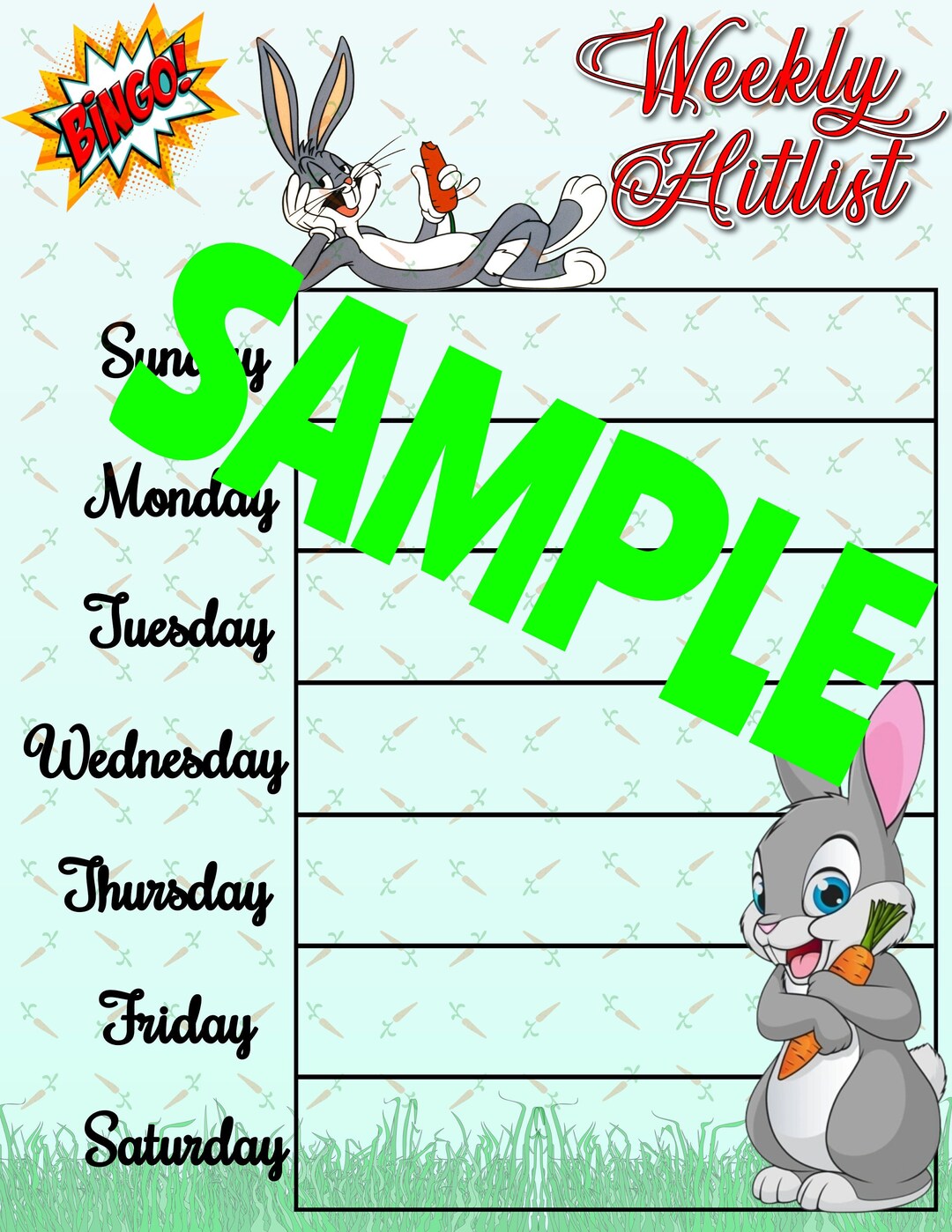 Bingo Hitlist Weekly Hitlist Days of the Week Bingo Board - Etsy