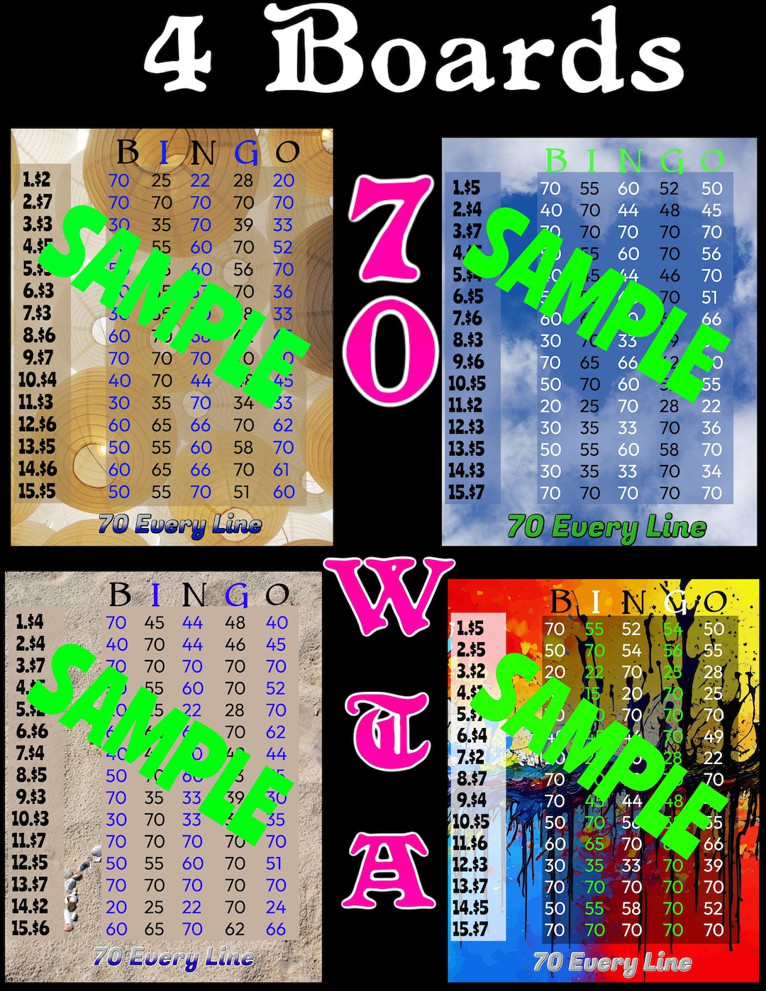 4 Pack Bundle 70 WTA Different Buy Ins on Each Bingo Board Bingo Boards ...