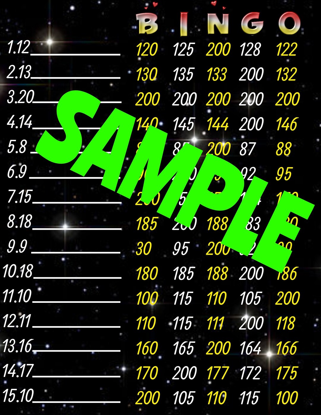 2 Pack 200 Wta Every Row Bingo Boards Bingo Lines 1-15 Pick Your Pay - Etsy