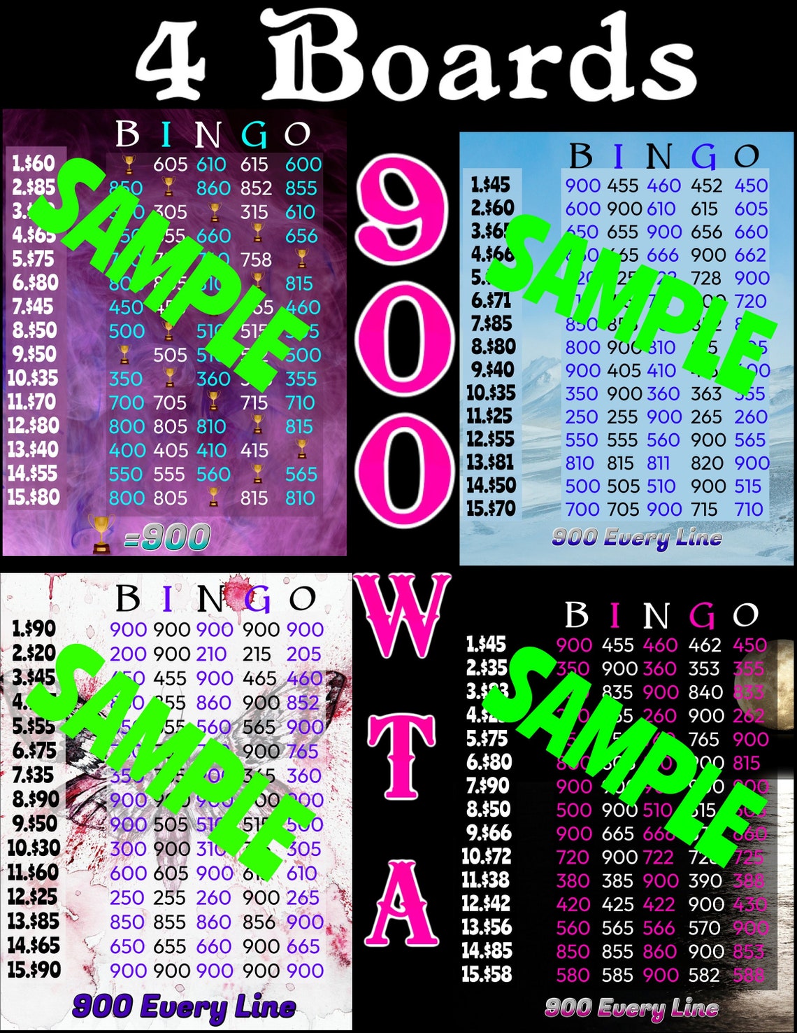 4 Pack Bundle 900 Wta Different Buy Ins on Each Bingo Boards Bingo ...