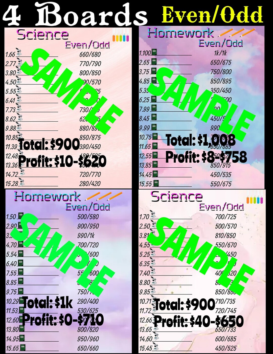 4 Pack Bundle Even & Odd Bingo Boards Bingo Lines 1-15 Pick Your Pay ...