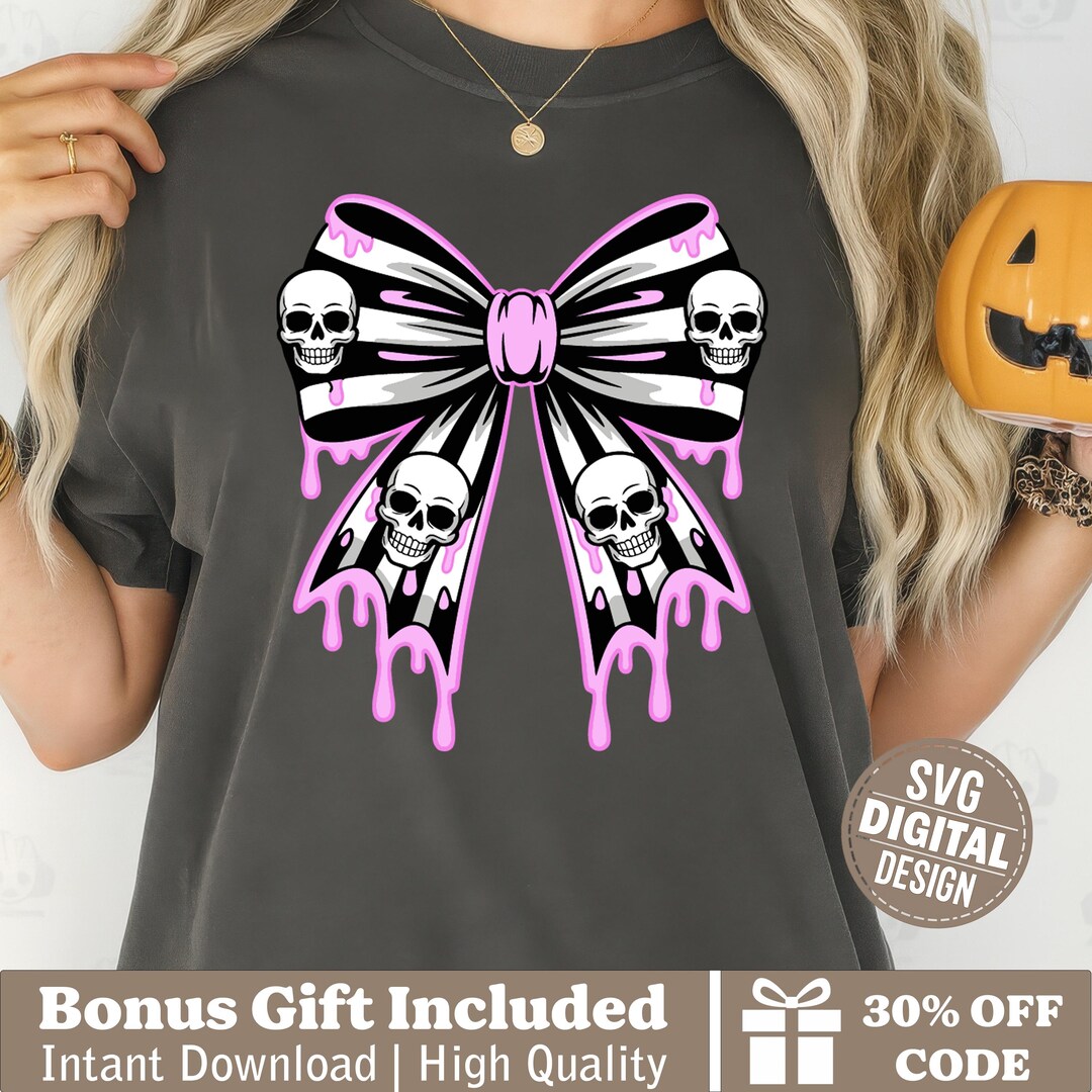 Skull Bow Svg, Gothic Pink and Black Dripping Ribbon Shirt Design ...