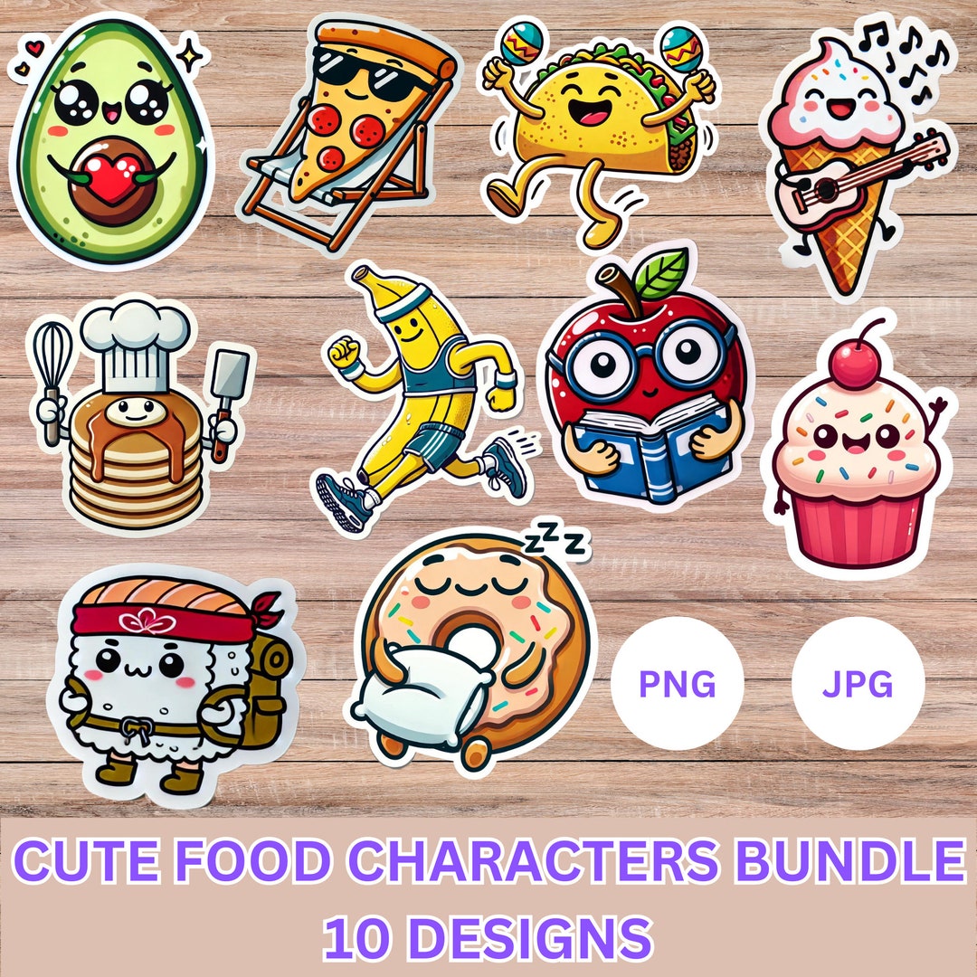 Cute Food Character Printable Stickers Png and Jpg, Print Cut Sticker ...