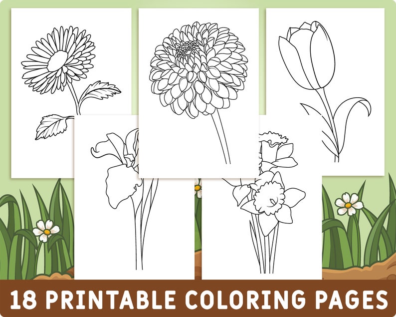 18 Printable Flowers Coloring Pages for Kids, Spring Colouring Book ...