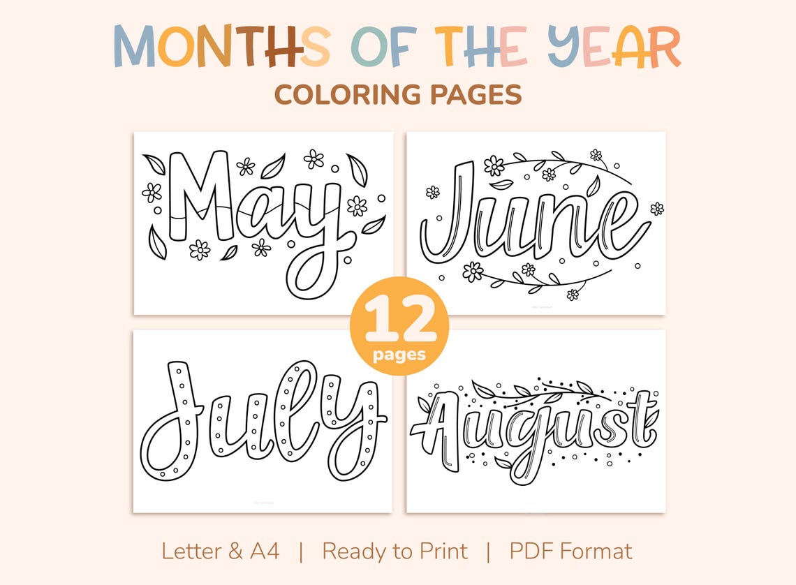 12 Printable Month Names Coloring Pages for Kids. Months of the Year ...