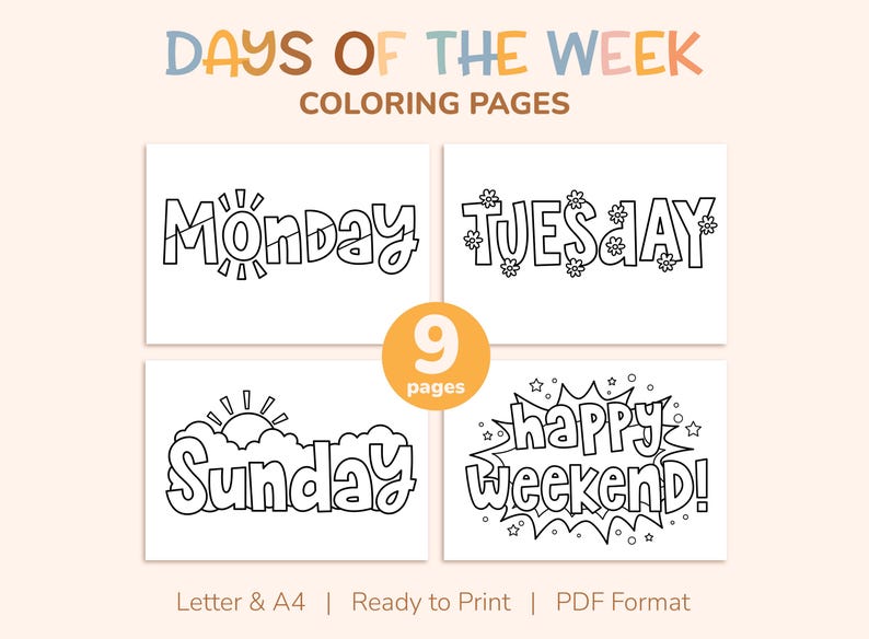 9 Printable Names of Days of the Week, Happy Weekend - Coloring Pages ...