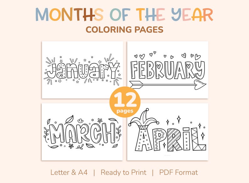 12 Printable Month Names Coloring Pages for Kids. Months of the Year ...