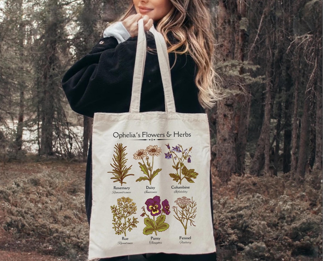 Shakespeare Tote Bag, Hamlet Ophelia's Flowers & Herbs Cotton Canvas ...