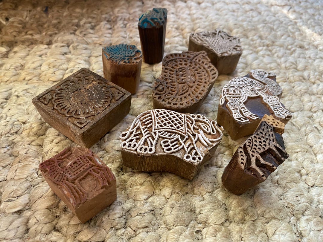 Vintage Indian Wooden Block Print Stamp Set – 9 Hand-carved Textile ...