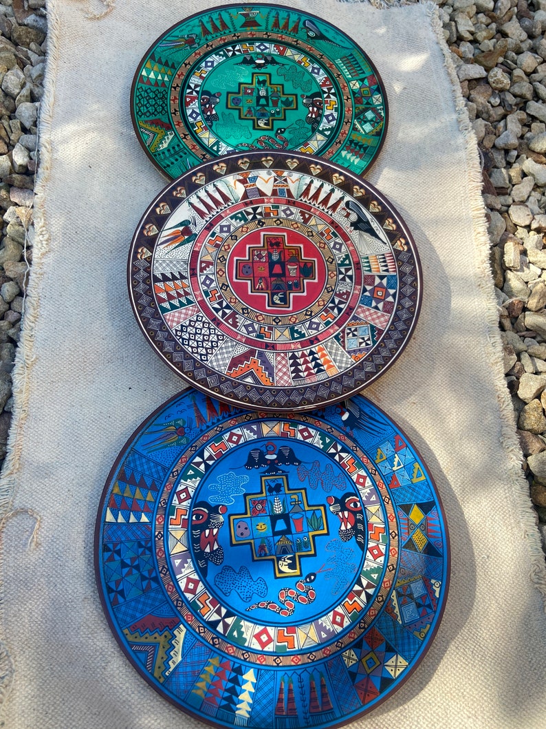 Set of 3 Vintage Aztec Mayan Wooden Wall Plates Hand Painted - Etsy