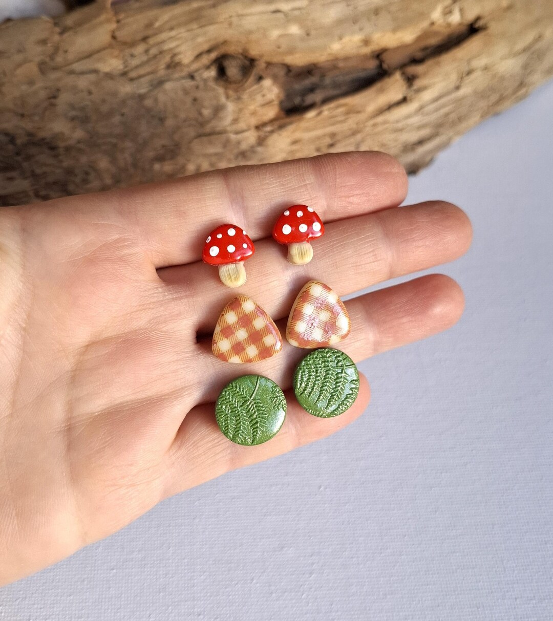 Cottagecore Stud Earrings Set, Clay Mushroom Fern Gingham Studs ...