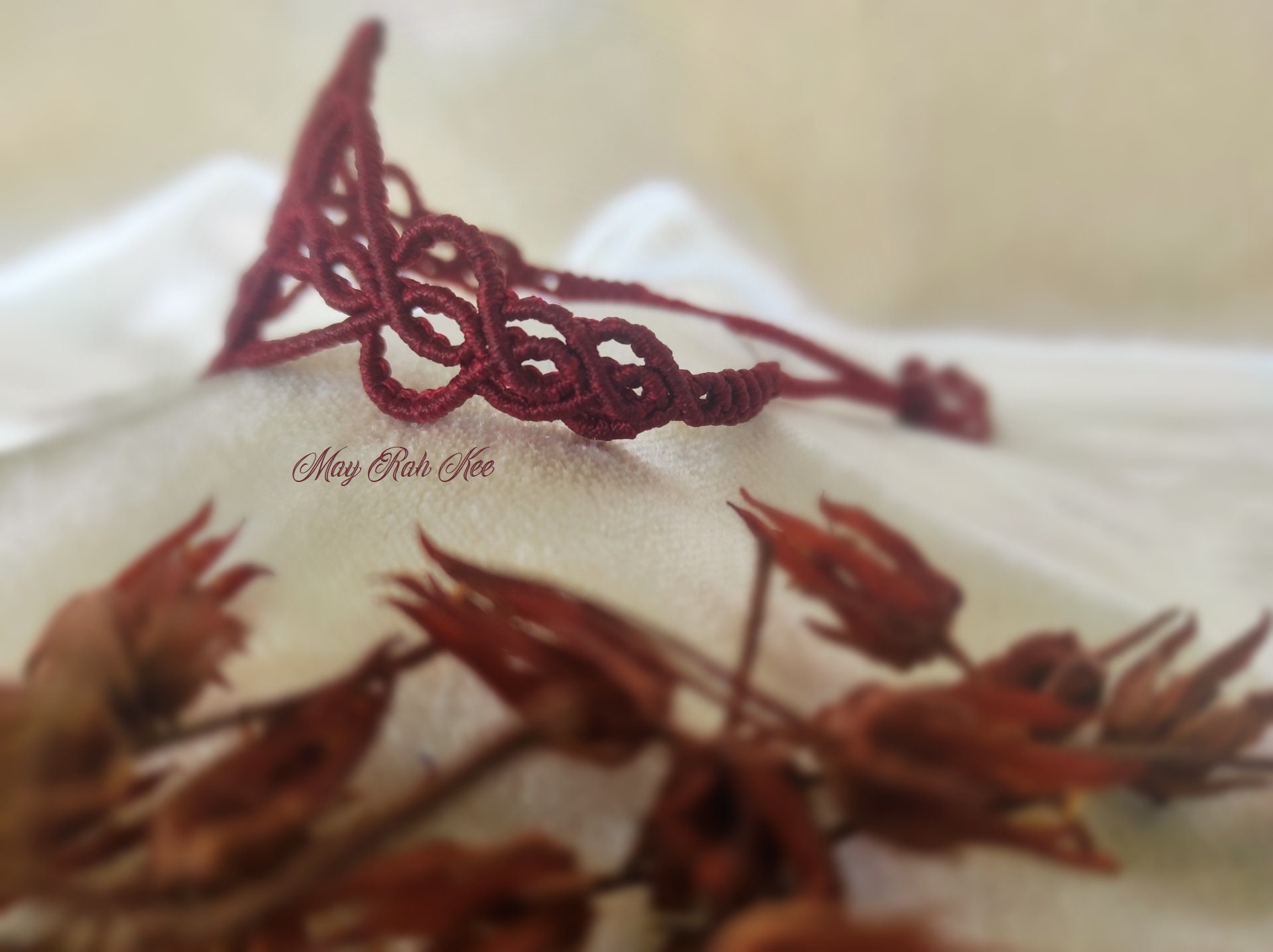 Macrame Mandala Bracelet, Bohemian Wrist Ornament, Burgundy Handmade ...