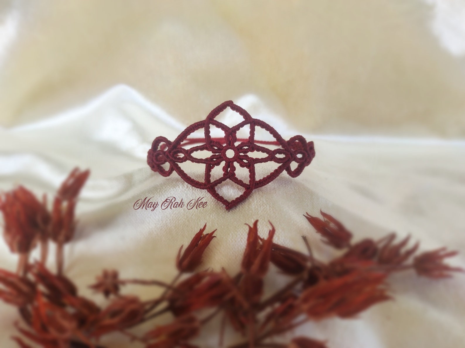 Macrame Mandala Bracelet, Bohemian Wrist Ornament, Burgundy Handmade ...