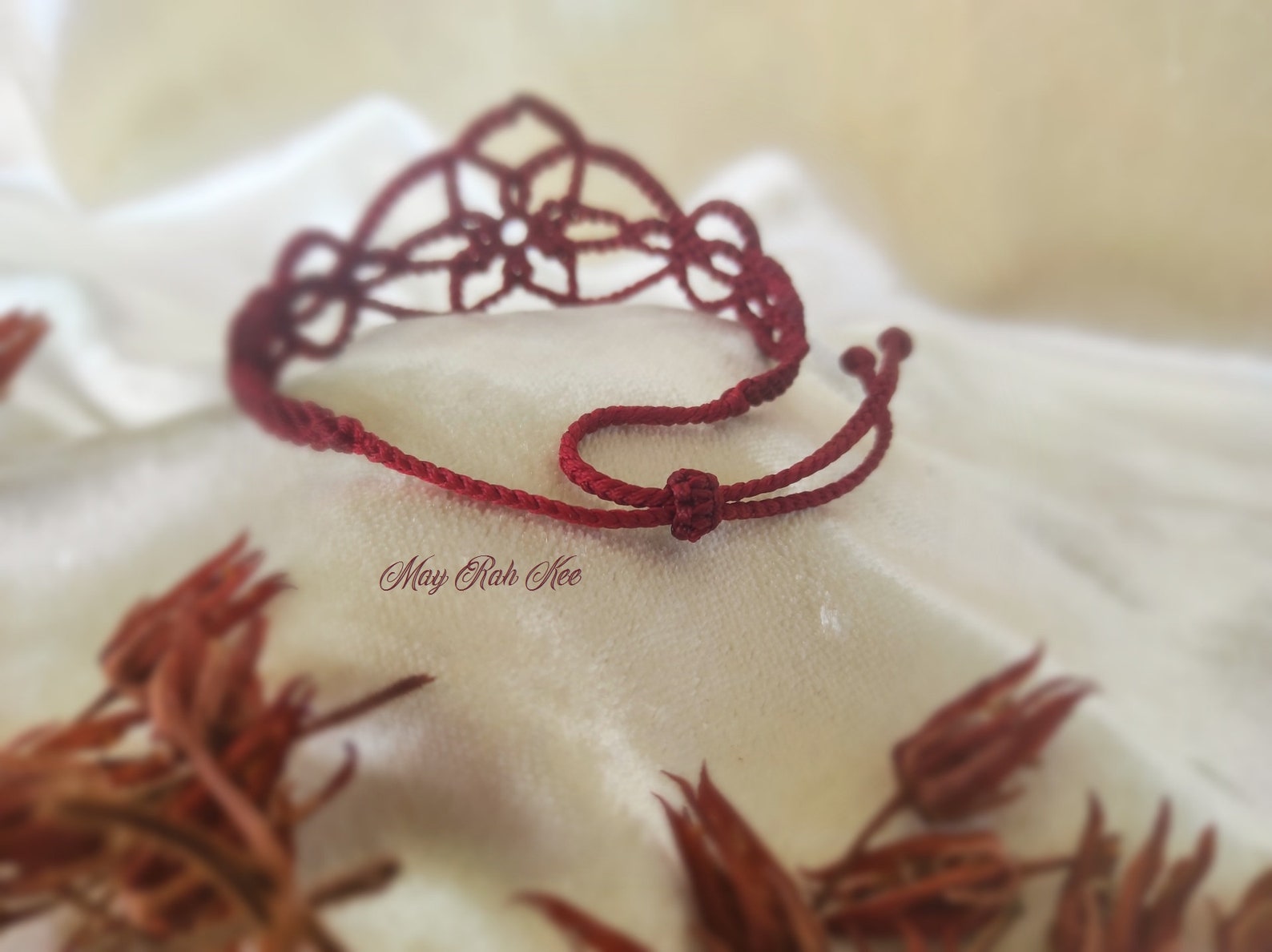 Macrame Mandala Bracelet, Bohemian Wrist Ornament, Burgundy Handmade ...