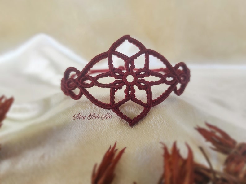 Macrame Mandala Bracelet, Bohemian Wrist Ornament, Burgundy Handmade ...