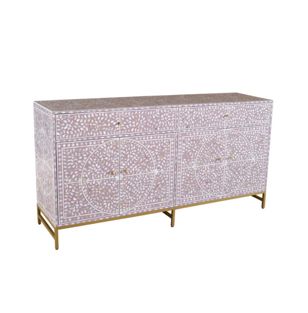 Lavender MOP Inlay Sideboard Cabinet: Handmade Floral Storage Credenza ...