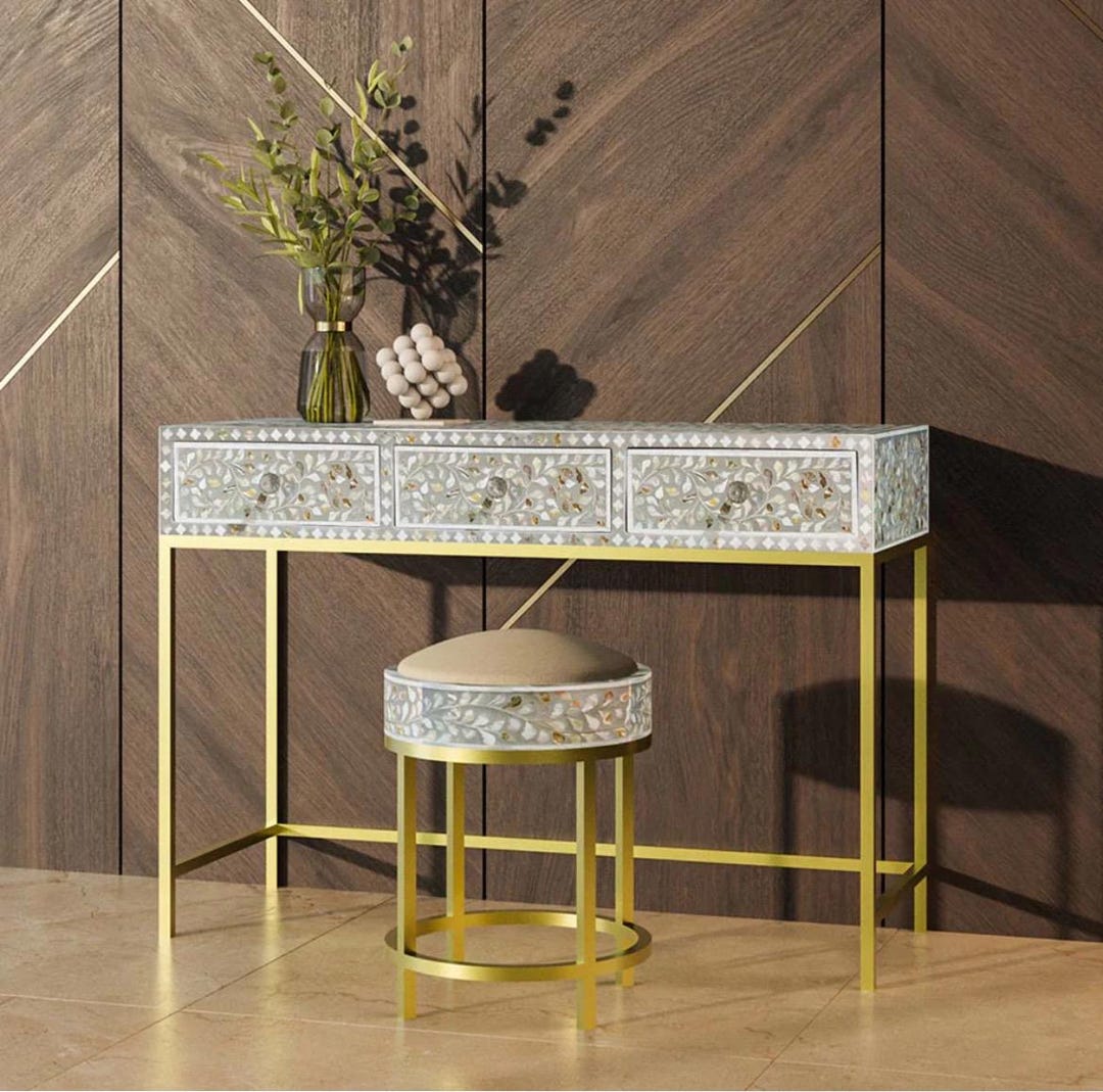Bone Inlay Vanity Table With Stool | White Floral Dressing Table With ...