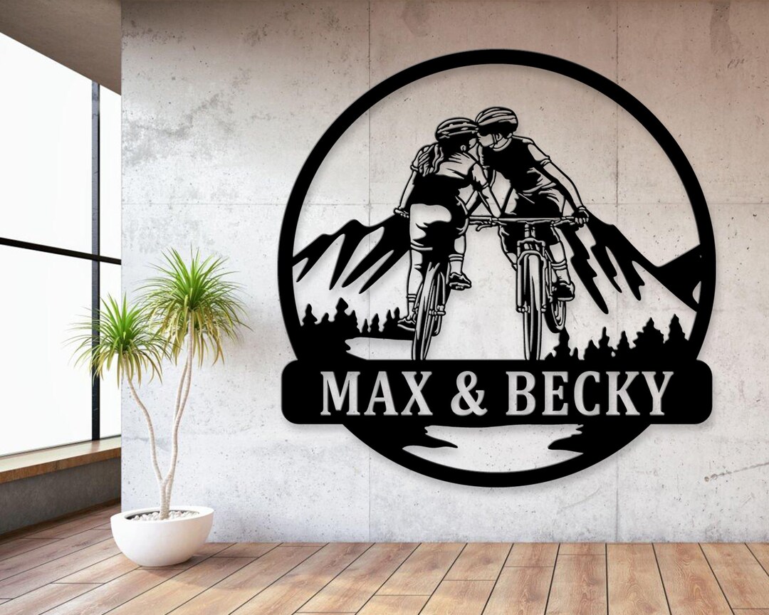 Custom Couples Name Biker Sign, Mountains& Trees Cycling Wall Art ...