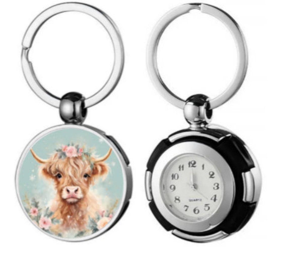 Highland Cow Clock Keyring, Highland Cow Keyring, Keyring Clock, Cow ...