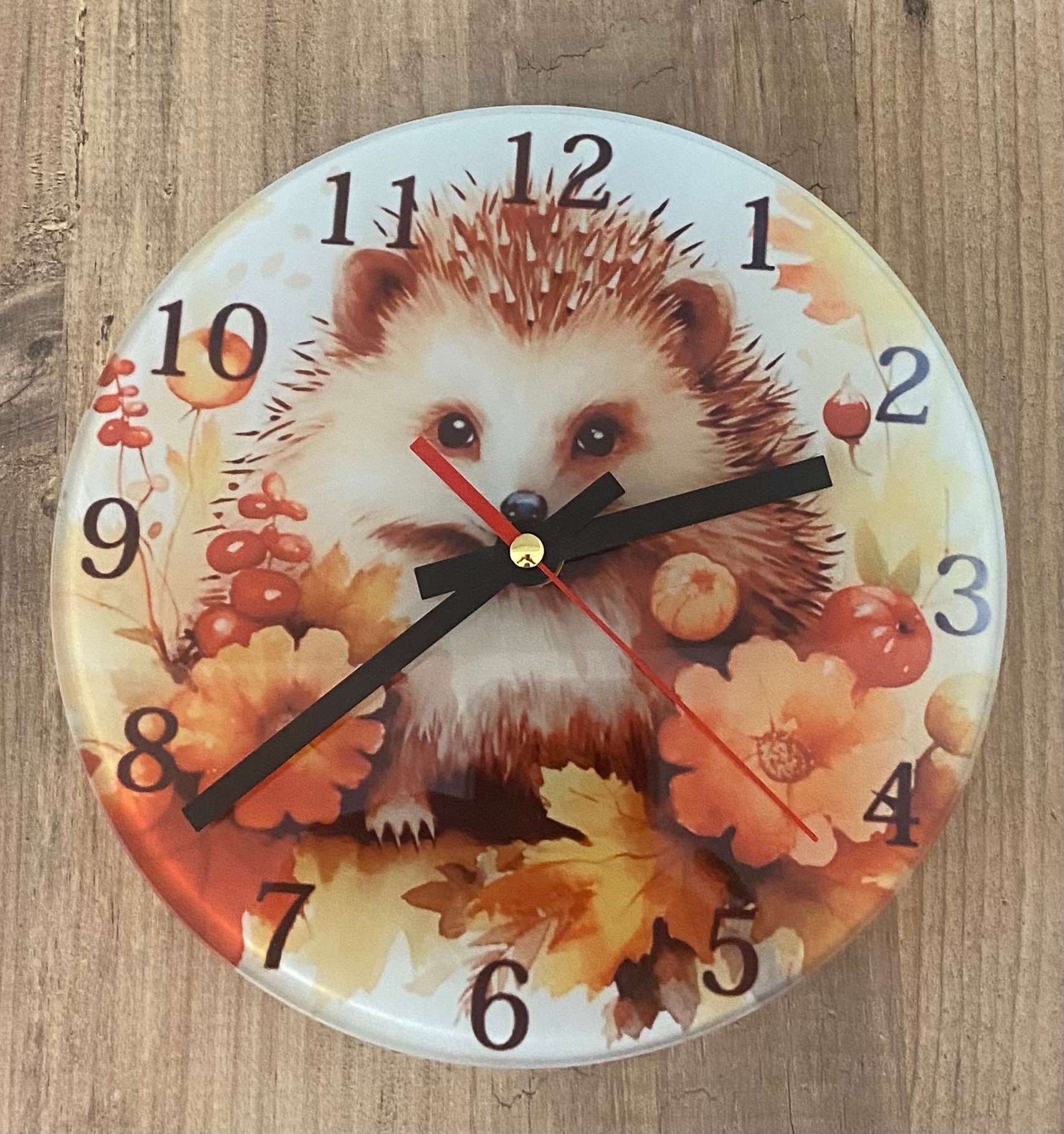 Hedgehog Glass Wall Clock, Glass Wall Clock 20cm, Wildlife and Woodland ...