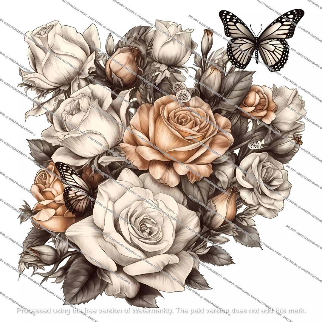 Butterfly & Roses Tattoo Enchanting Floral Art Illustration - Etsy