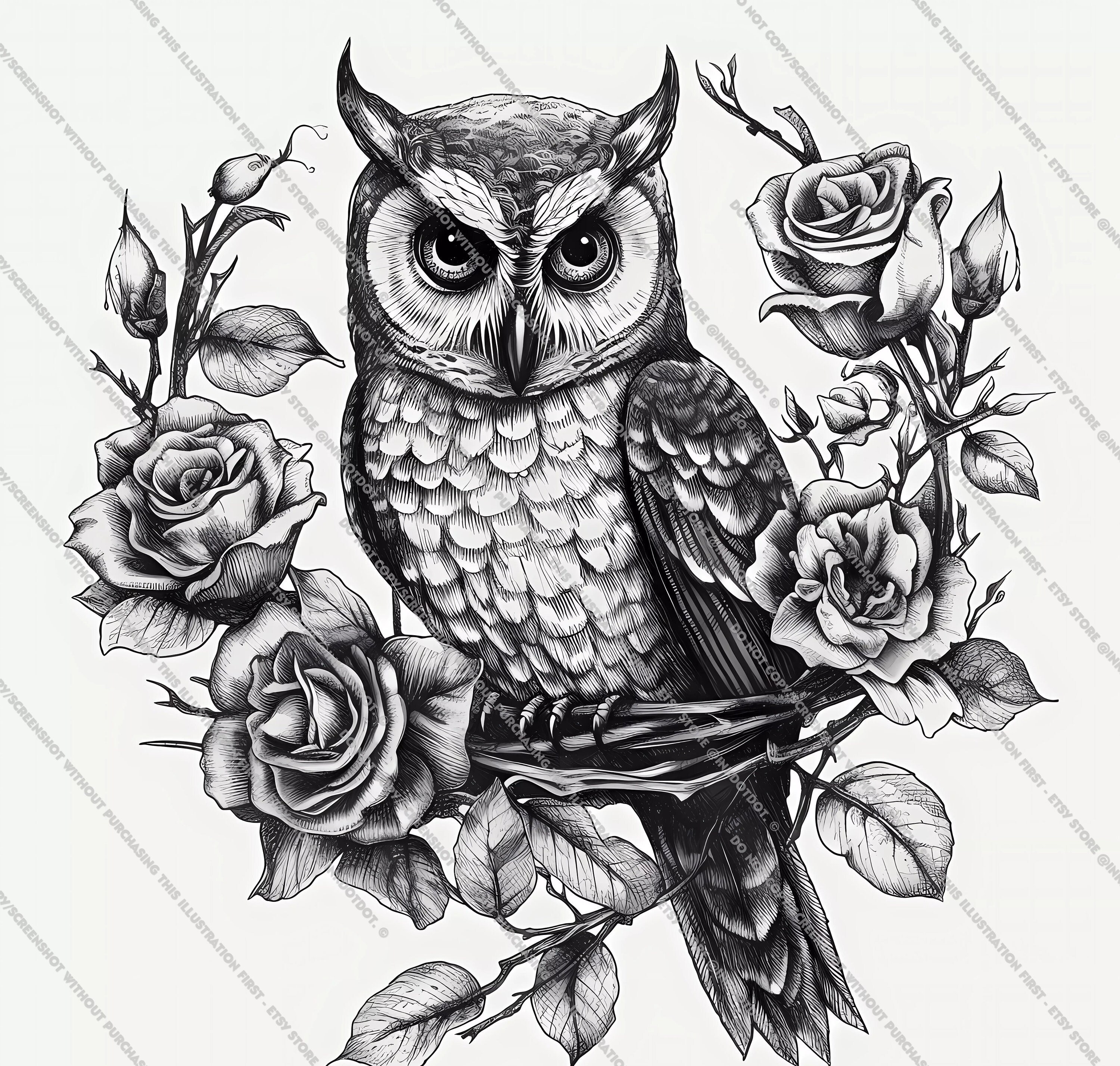 Owl & Roses Tattoo - Enigmatic Nocturnal Floral Design Illustration Vol ...