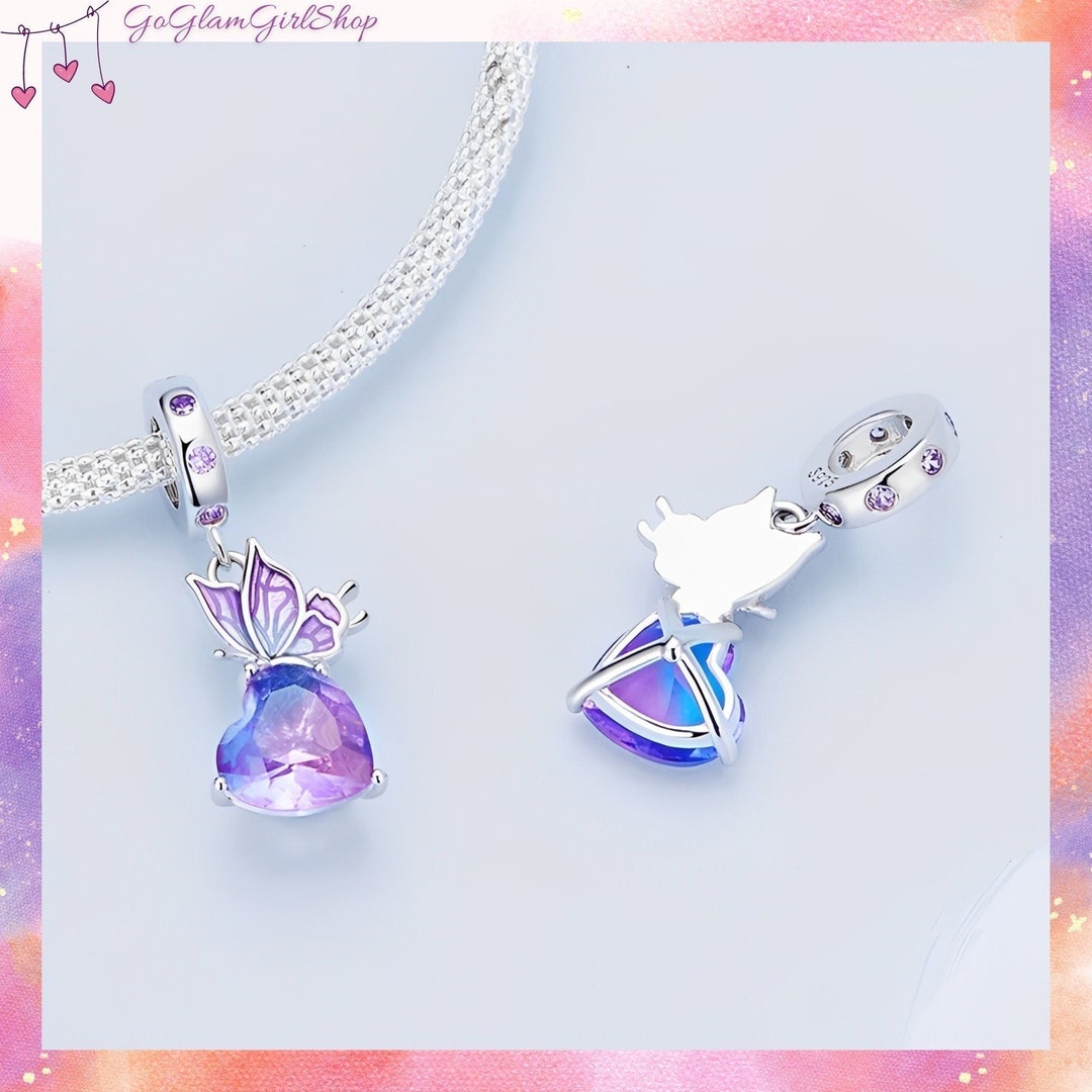 S925 Purple Butterfly Heart Dangle Charm for Pandora Charm Bracelet ...