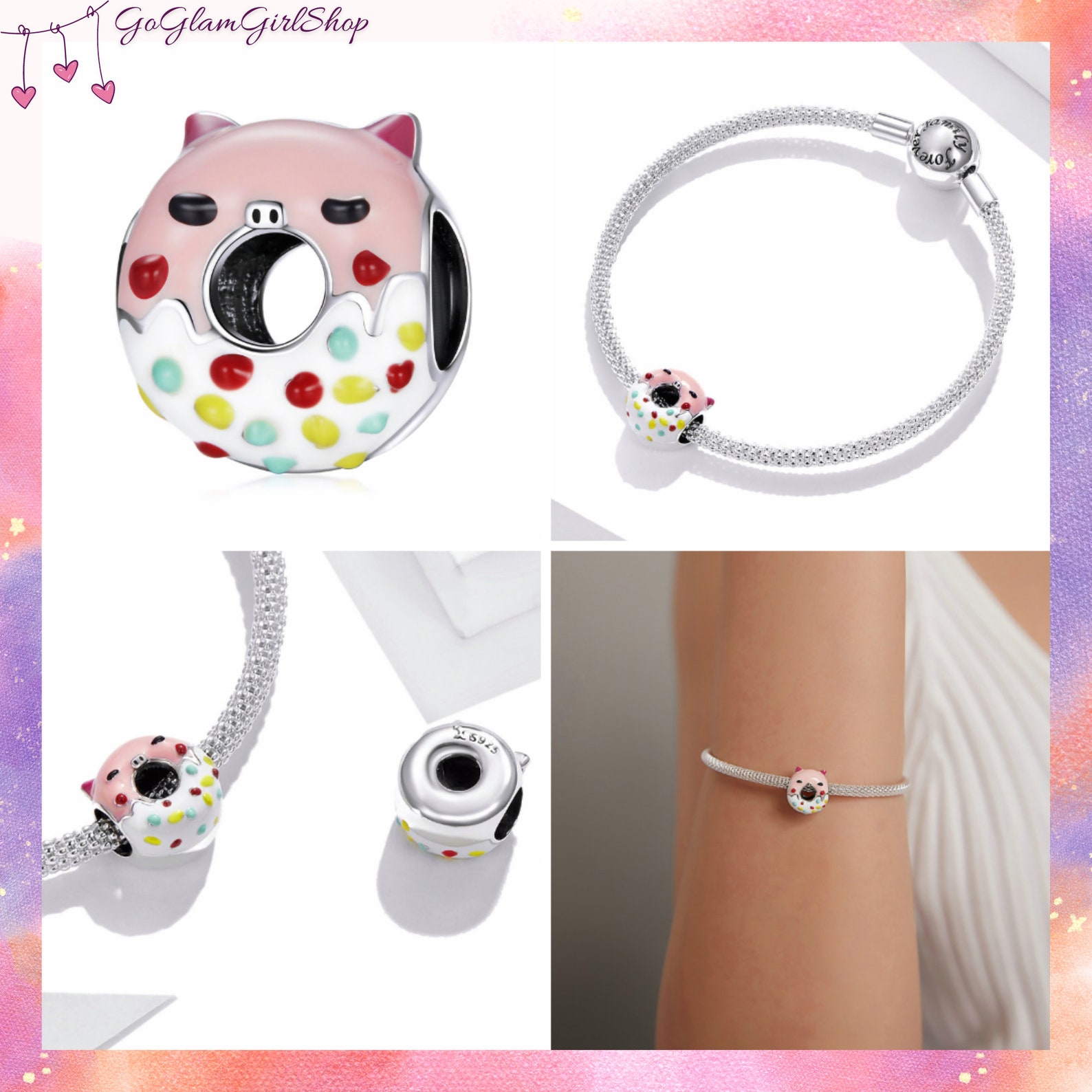 S925 Cute Animal Donuts Charms for Pandora Charm Bracelet: Cat, Owl ...