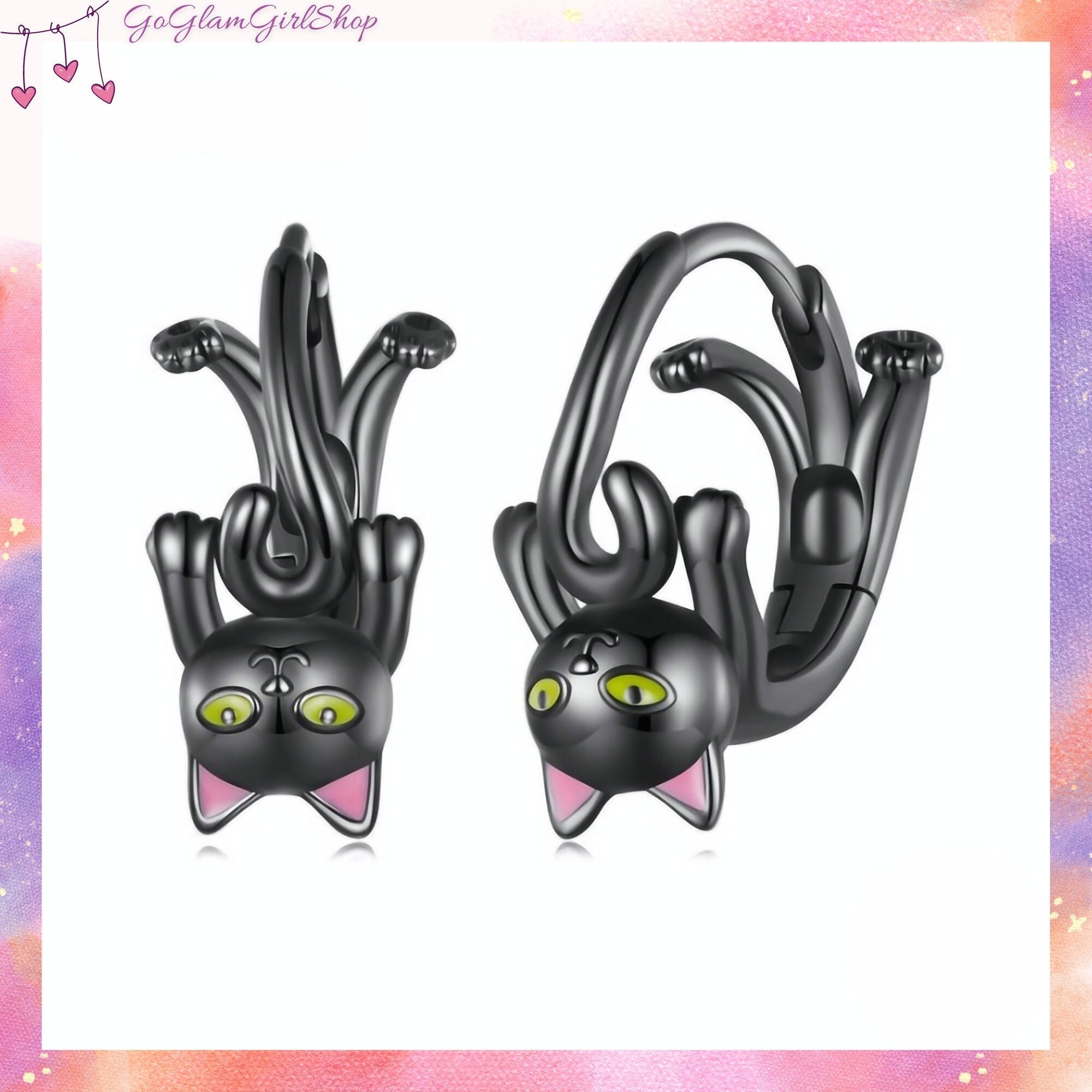 S925 Lovely Black Cat Hoop Earrings, Cute Kitten Ear Buckles, Cat Owner ...