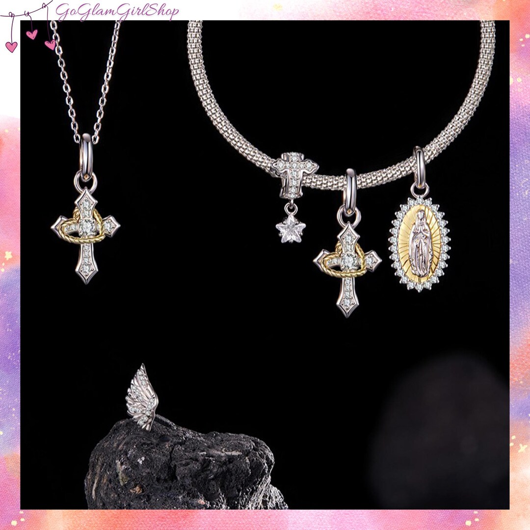 Sterling Silber Christian Charms - vergoldetes Kreuz, Jungfrau Maria ...