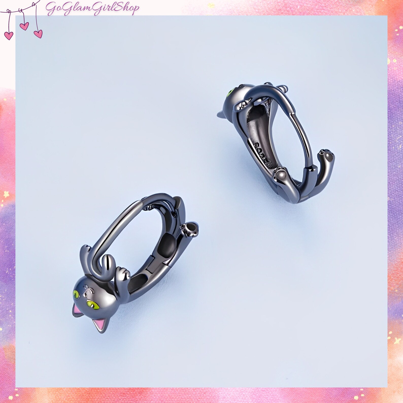 S925 Lovely Black Cat Hoop Earrings, Cute Kitten Ear Buckles, Cat Owner ...