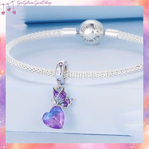 S925 Purple Butterfly Heart Dangle Charm for Pandora Charm Bracelet ...