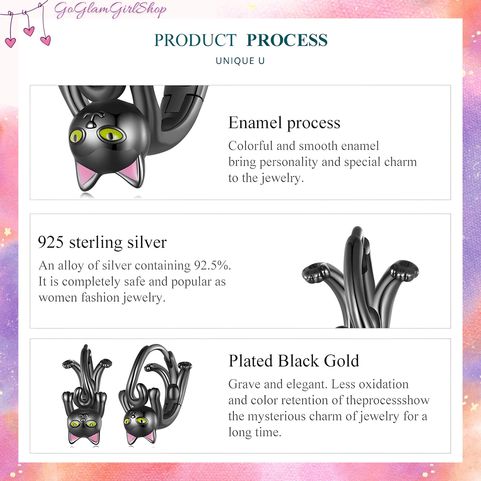 S925 Lovely Black Cat Hoop Earrings, Cute Kitten Ear Buckles, Cat Owner ...