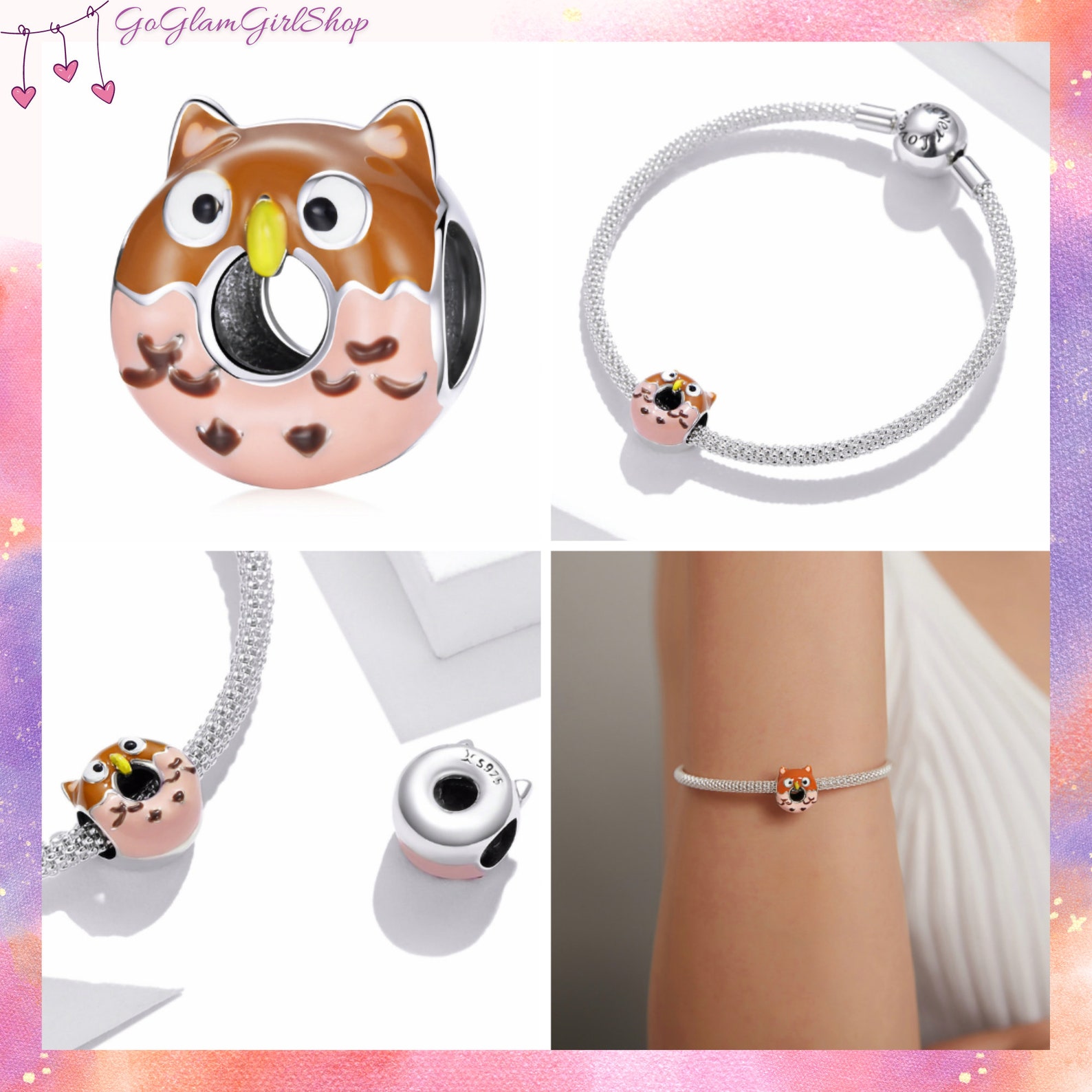 S925 Cute Animal Donuts Charms for Pandora Charm Bracelet: Cat, Owl ...