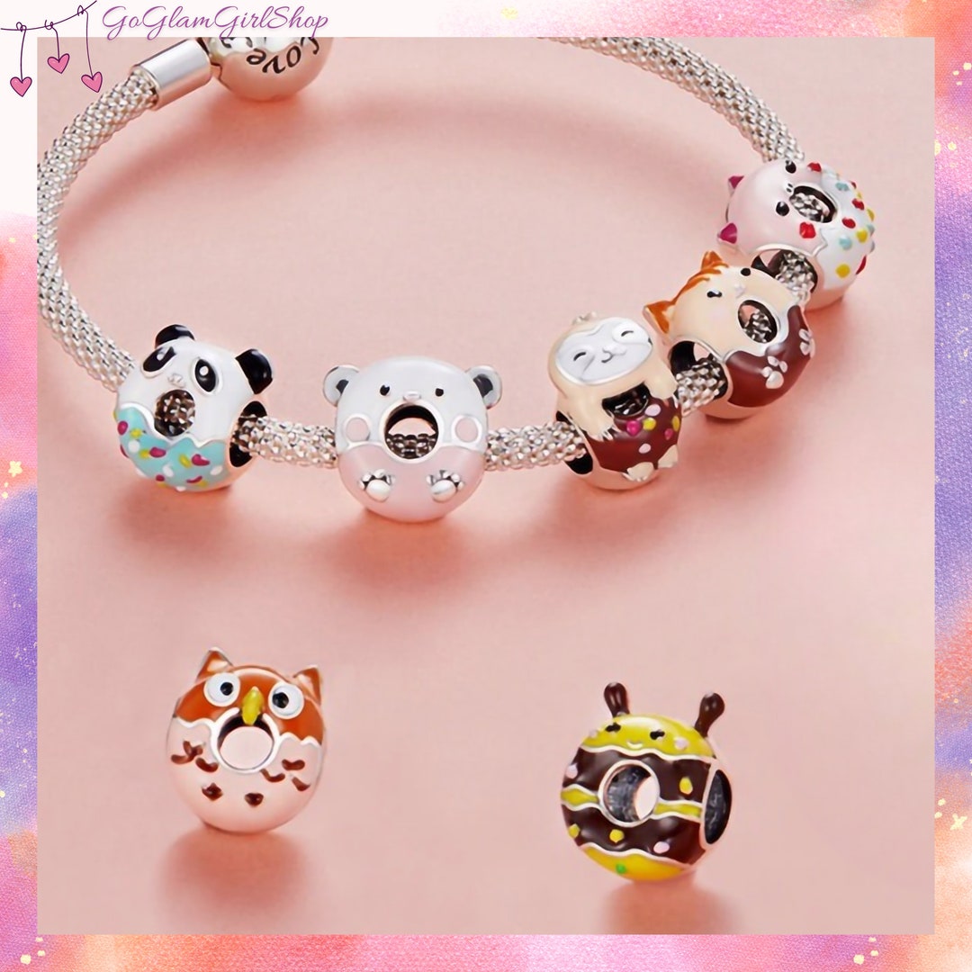 S925 Cute Animal Donuts Charms for Pandora Charm Bracelet: Cat, Owl ...