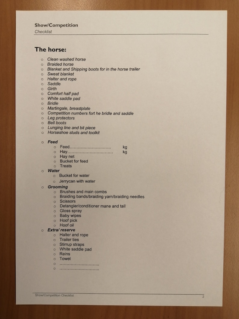 Checklist Show Competition Horse or Pony - Etsy