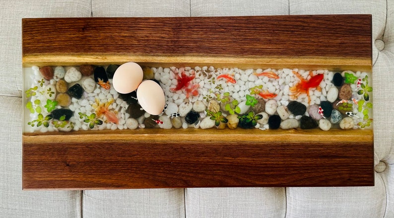 Handcrafted Pond Koi Fish Epoxy & Solid Walnut Wood Charcuterie Serving ...