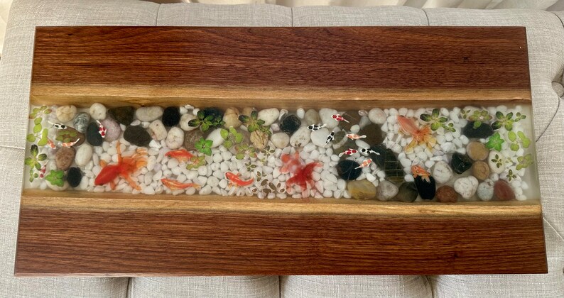 Handcrafted Pond Koi Fish Epoxy & Solid Walnut Wood Charcuterie Serving ...