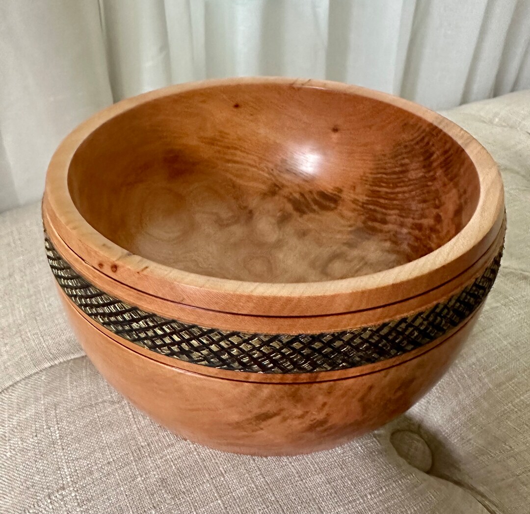 Handcrafted Lathe Turned Solid Cherry Wood Embelished Bowl With Artisan ...