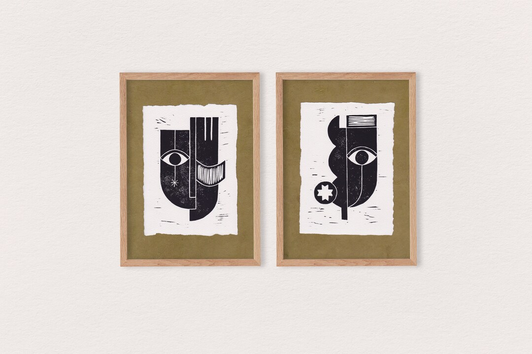 Linocut the Masks Illustrations of Abstract - Etsy