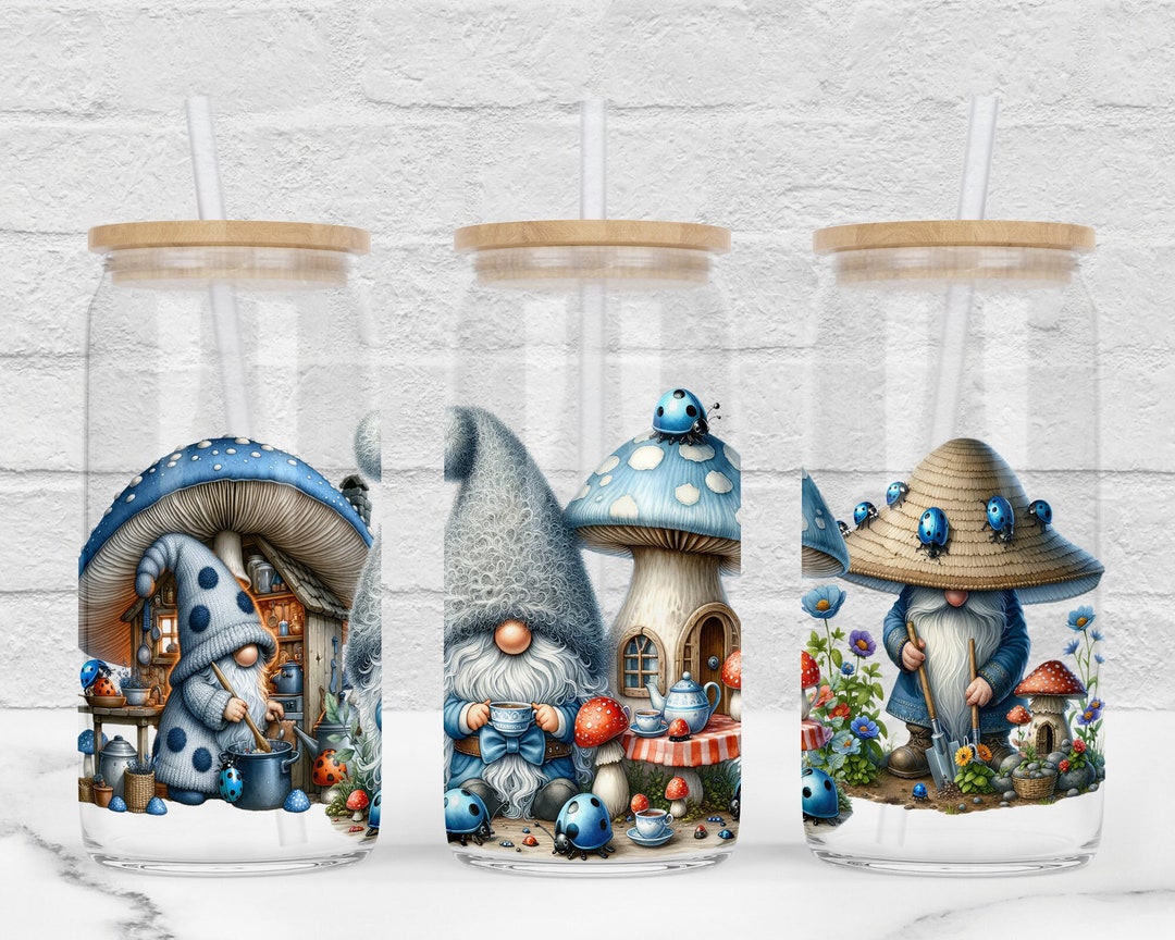 Lady Bug Gnomes 16oz Libbey Glass Can Sublimation Design, Gnomes Tumbler Wrap, Blue Lady Bug ...