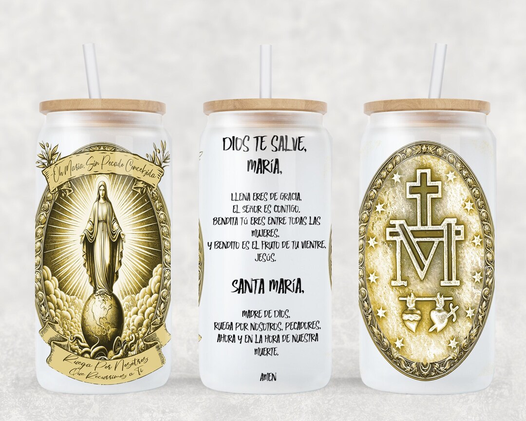 Miraculous Medal - Dios Te Salve Maria 16oz Libbey Glass Can Tumbler ...